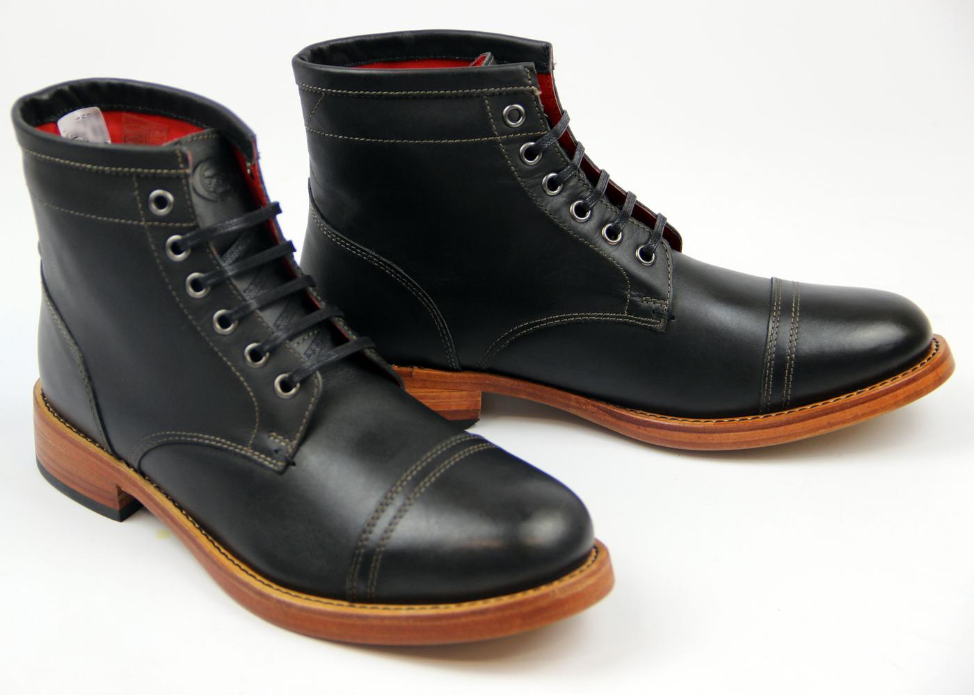 BASE LONDON Bristol Retro Mod Waxy Leather Ankle Boots in Black