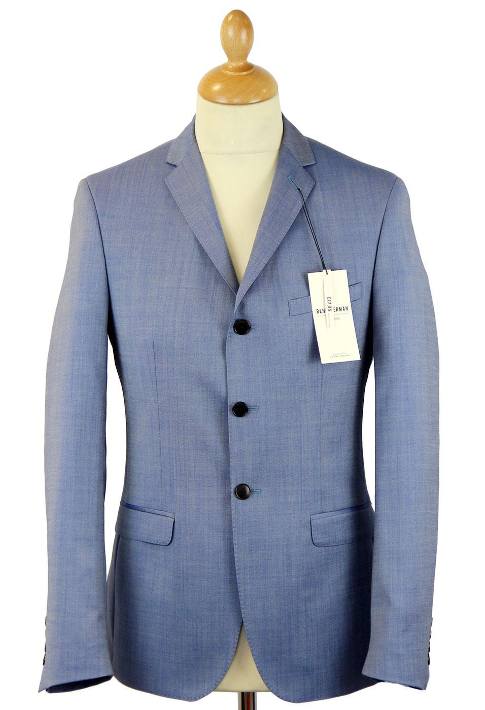 Ben Shermen Tailoring Mod 3 Button Tonic Suit in Washed Blue.