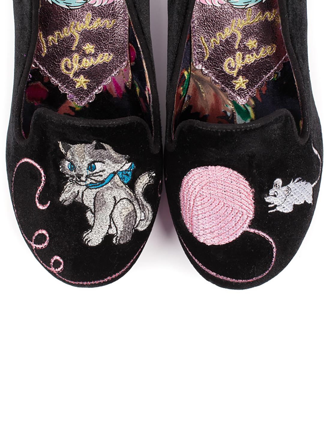 IRREGULAR CHOICE Fuzzy Peg Retro Velvet Kitty Shoes in Black