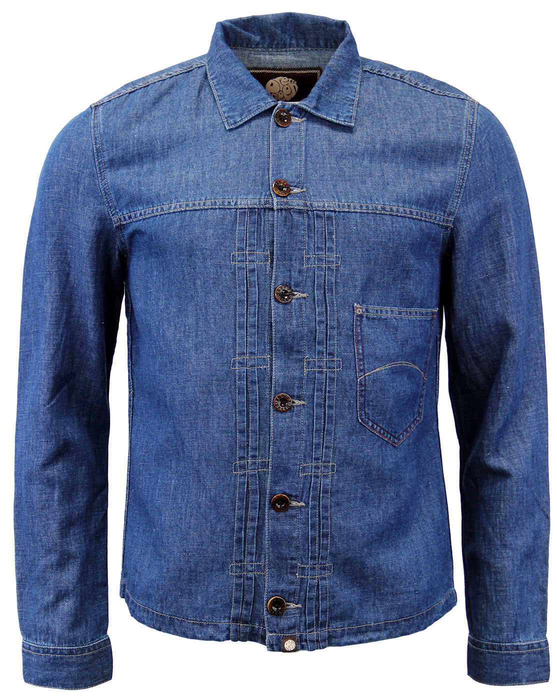 PRETTY GREEN Ancroft Retro 1970s Indie Pleated Denim Overshirt